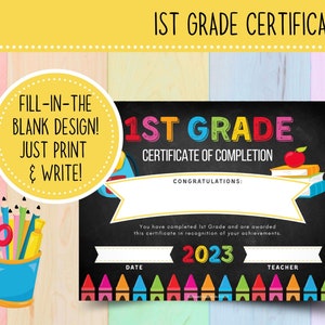 Printable 1st Grade Graduation Certificate 2023 Chalkboard Graduation ...