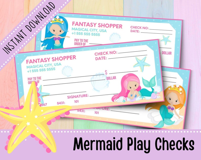 Mermaid Play Checks for Kids | Money Math | Play Money | Kindergarten ...
