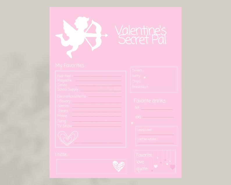 Valentine's Day Secret Pal | Questionnaire | Printable Valentines Day ...