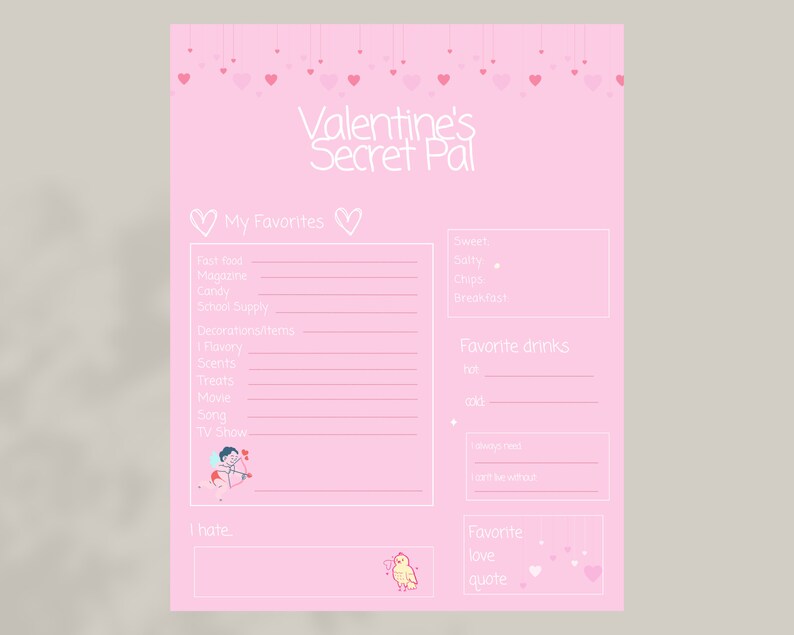 Valentine's Day Secret Pal | Questionnaire | Printable Valentines Day ...