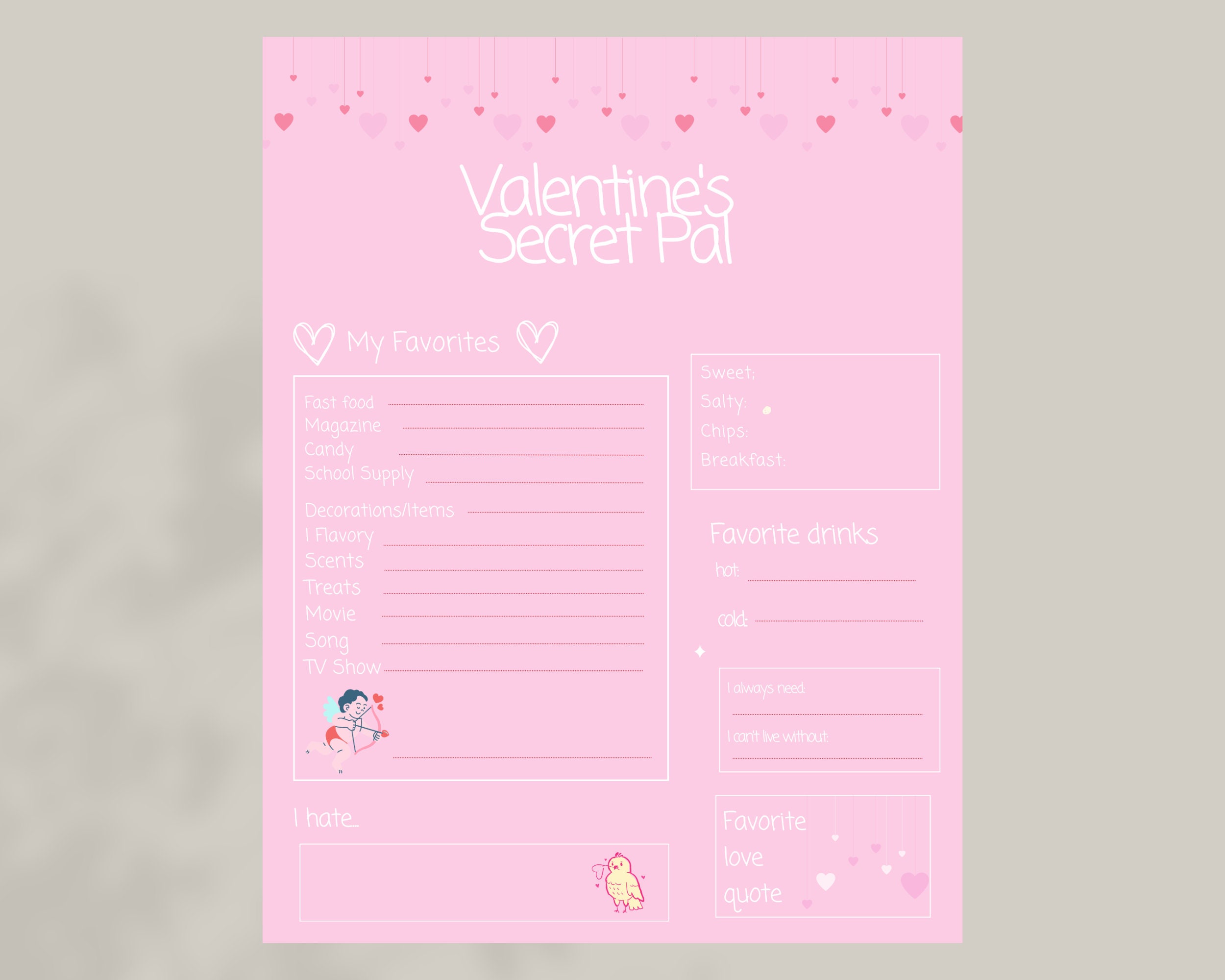 Valentine's Day Secret Pal | Questionnaire | Printable Valentines Day ...