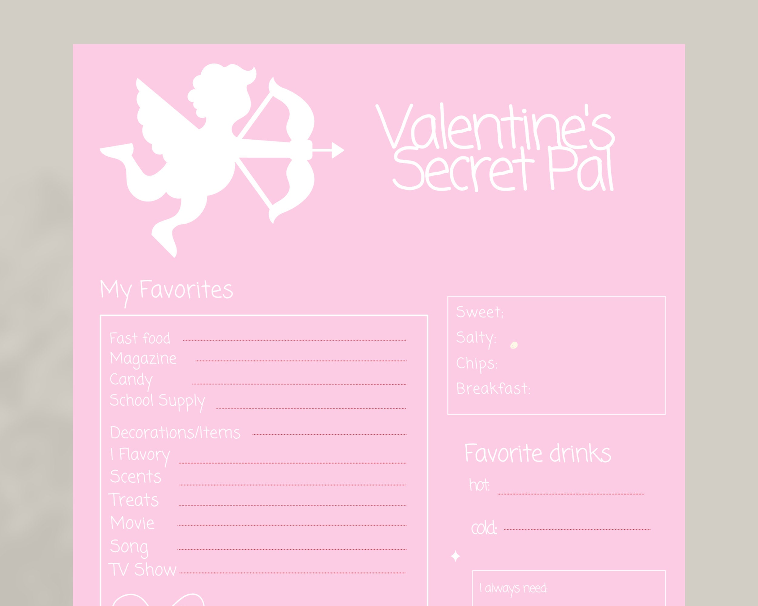 Valentine's Day Secret Pal | Questionnaire | Printable Valentines Day ...