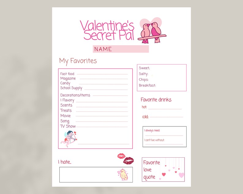 Valentine's Day Secret Pal | Questionnaire | Printable Valentines Day ...