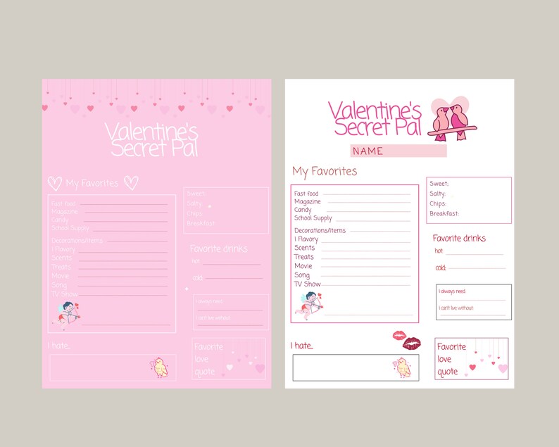 Valentine's Day Secret Pal | Questionnaire | Printable Valentines Day ...