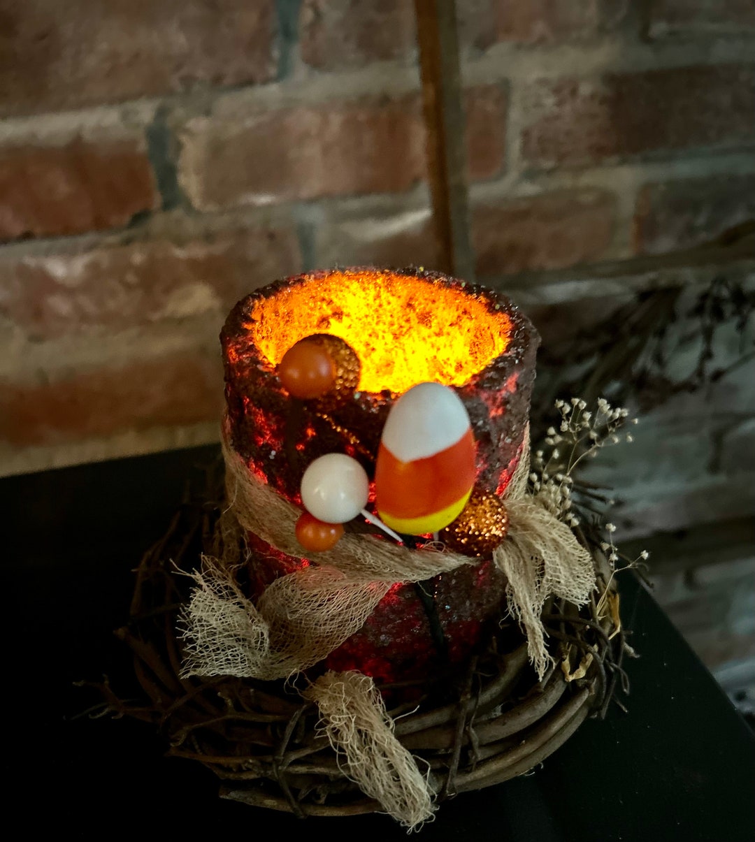 Primitive Halloween Grubby Pillar Candle, Battery Operated Primitive ...