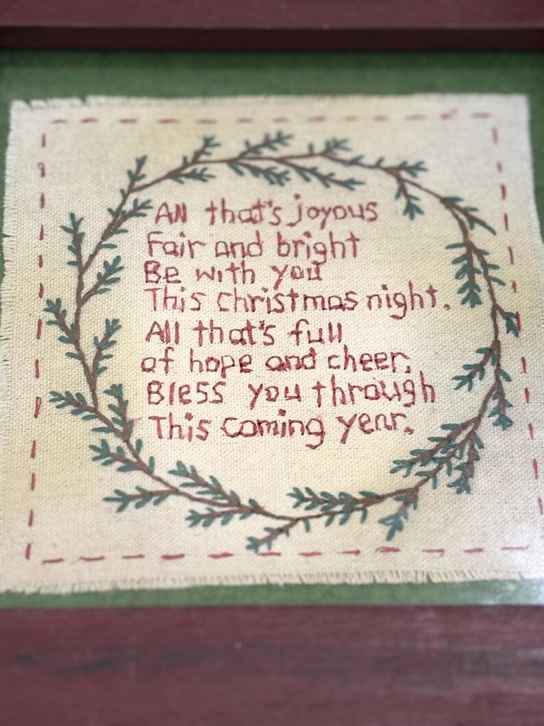 Hand Stitched Christmas Embroidered Frame Wall Decor, Primitive ...