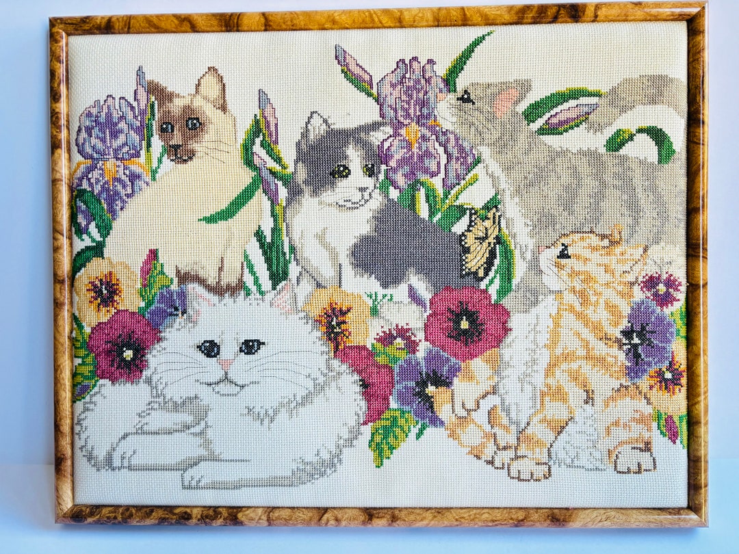 Vintage Embroidered Cats Cross Stitch, Tortoise Shell Bamboo Frame - Etsy