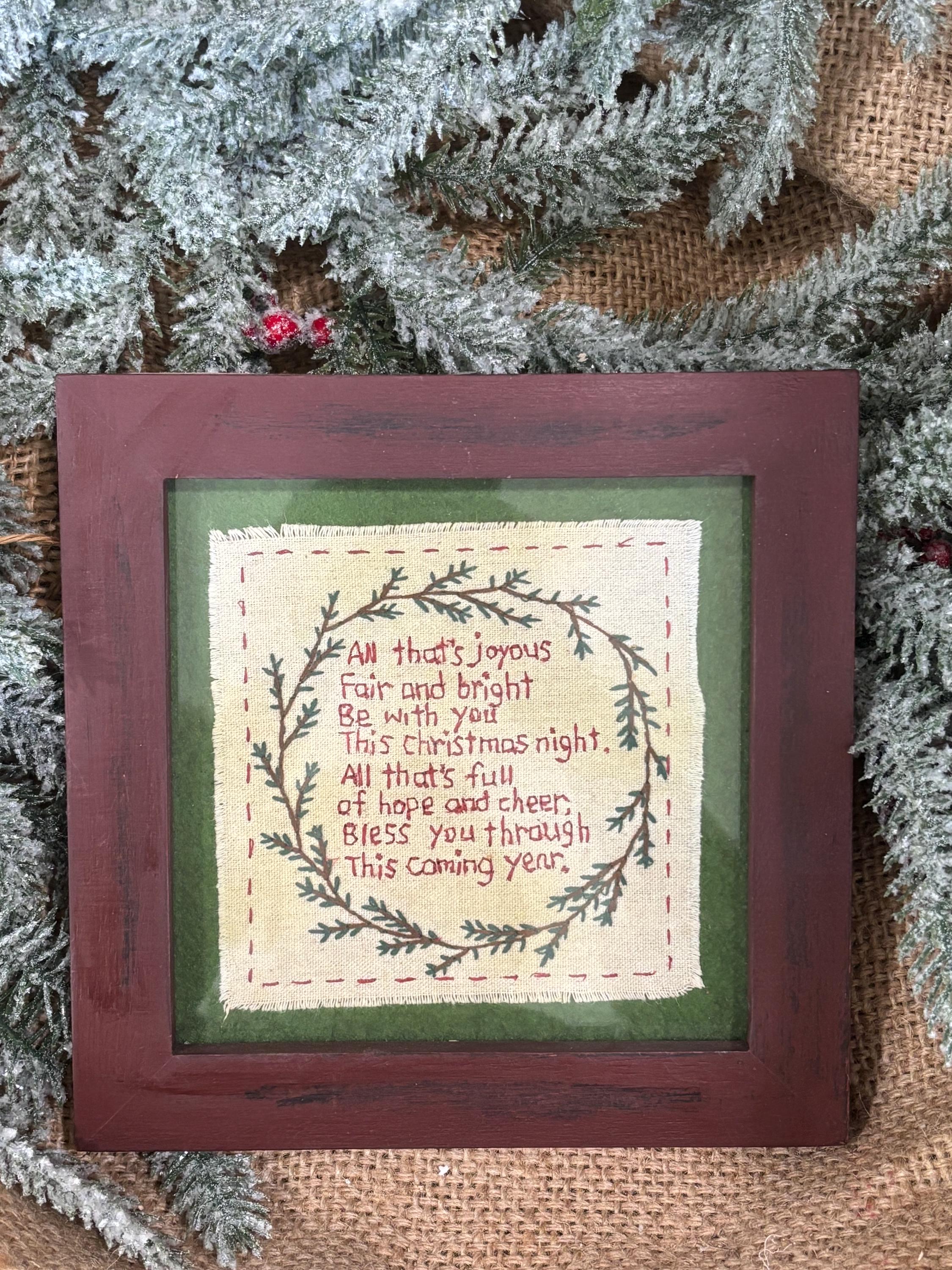 Hand Stitched Christmas Embroidered Frame Wall Decor, Primitive ...