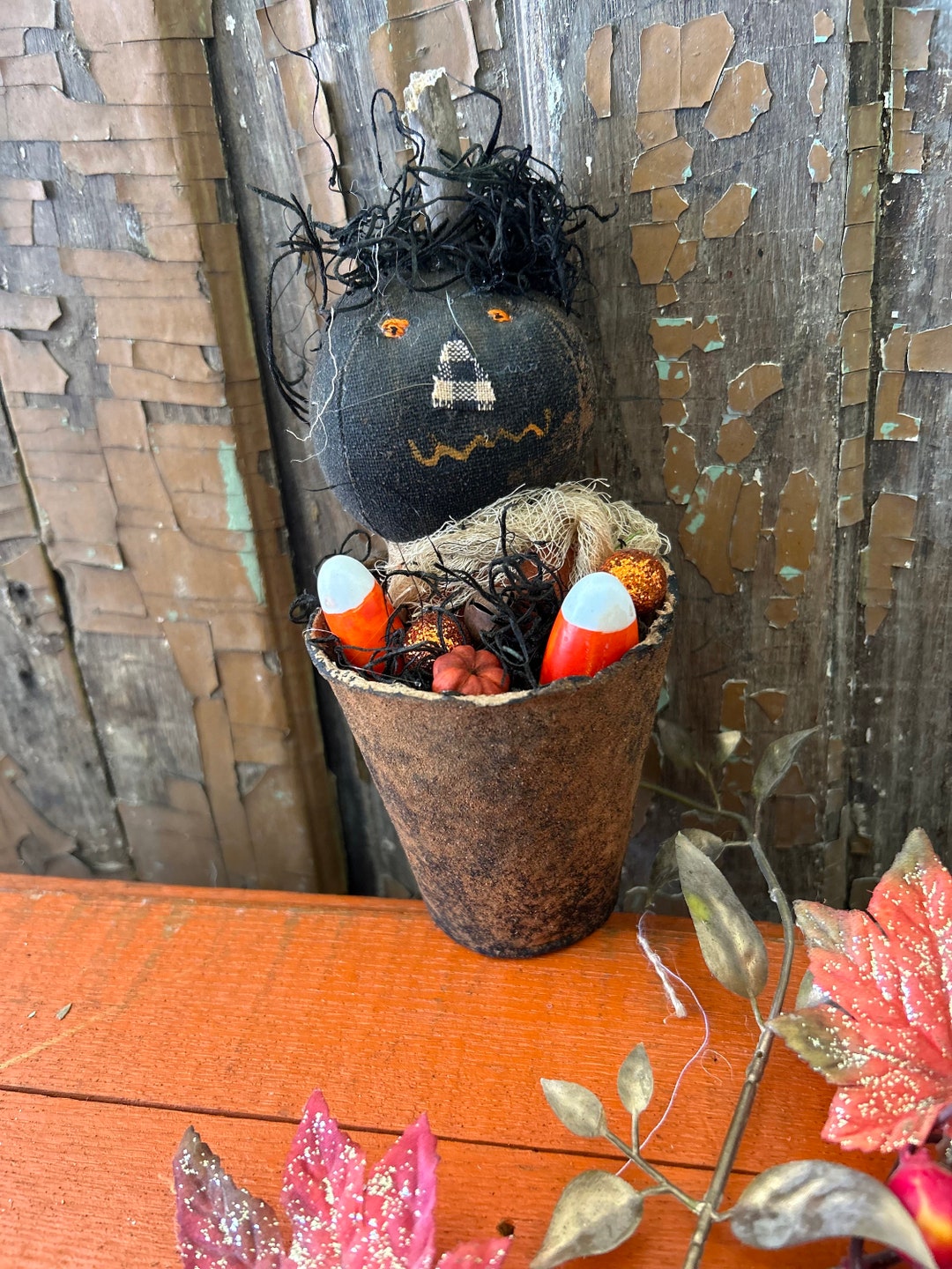 Primitive Black Pumpkin Patch Doll: Grubby Candy Corn Bucket, Fall ...