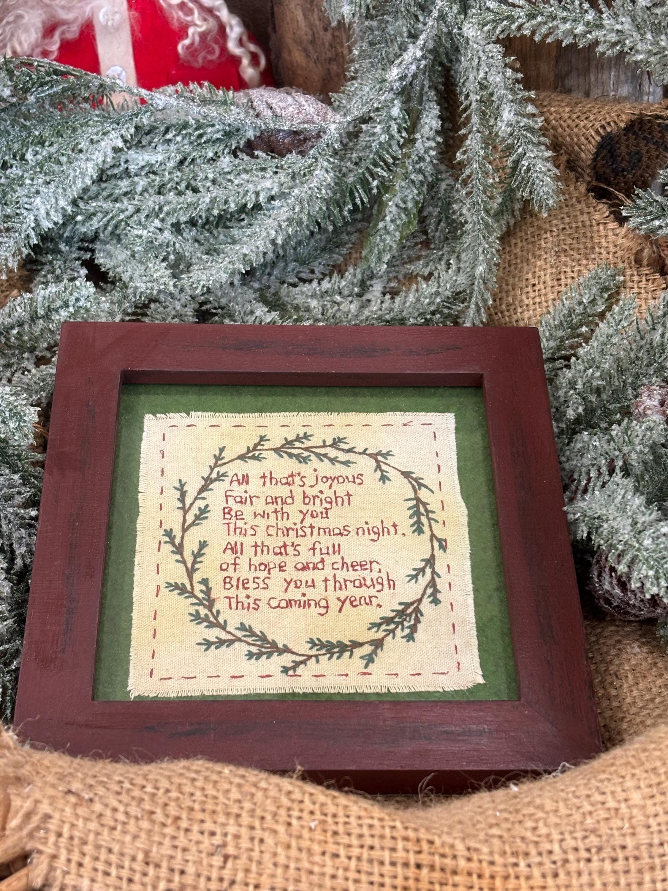 Hand Stitched Christmas Embroidered Frame Wall Decor, Primitive ...