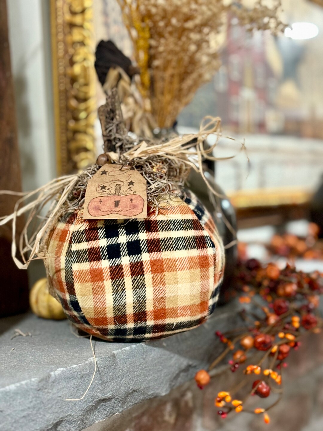 Primitive Autumn Harvest Flannel Pumpkin, Cozy Flannel Pumpkin, Fall ...