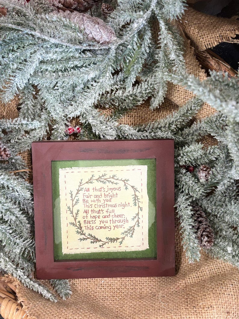 Hand Stitched Christmas Embroidered Frame Wall Decor, Primitive ...