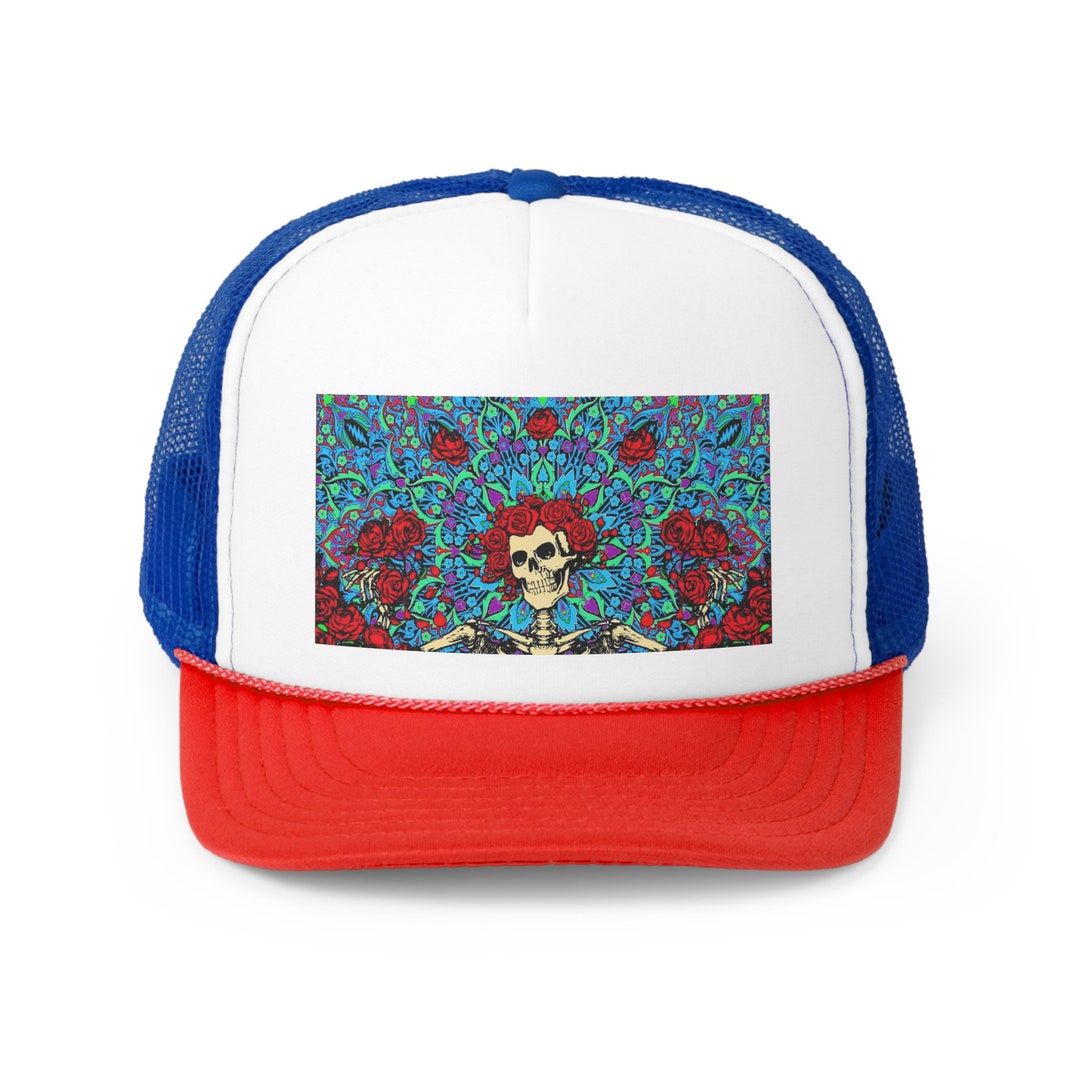 Grateful Dead Rose and Skeleton Trucker Hat - Snap Back With Mesh Back ...