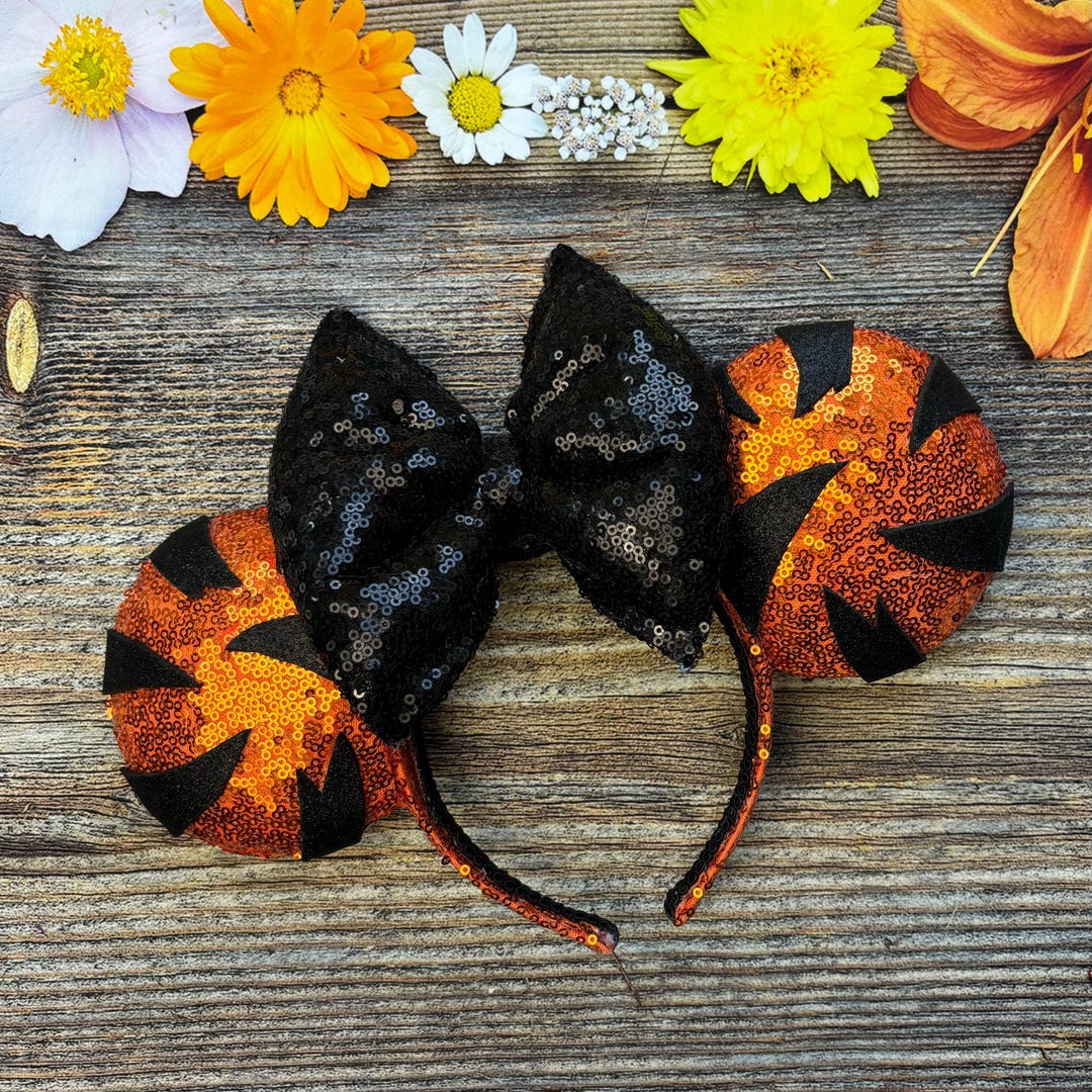 Tiger Mouse Ears Orange Sequin Headband With Big Black Sequin Bow ...