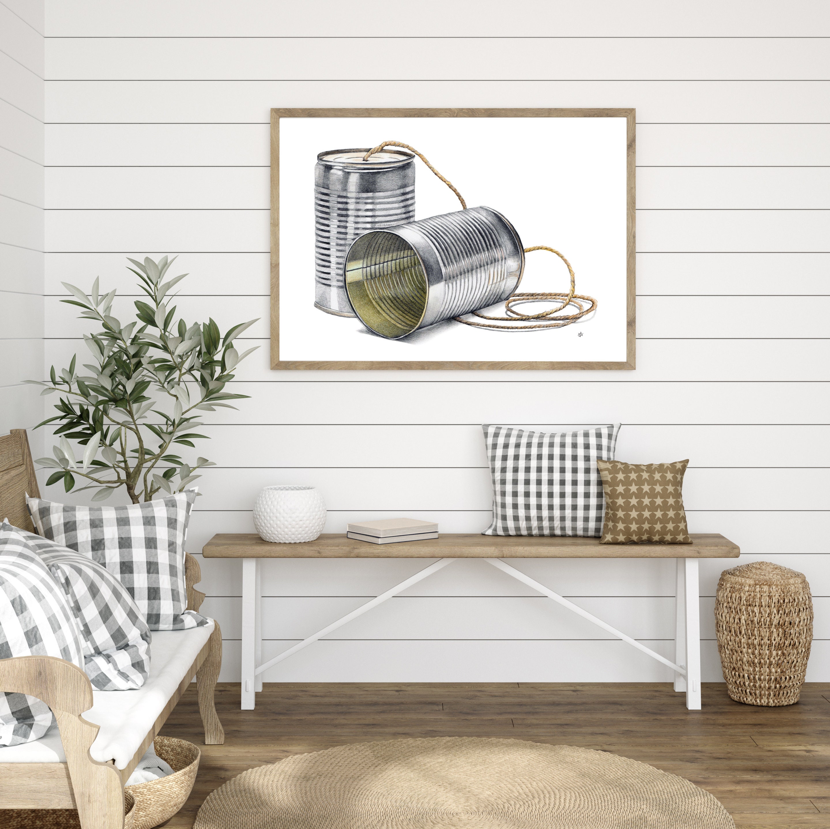 Print of tin Can Telephone Pencil Drawn Illustration for Wall Art, Home ...