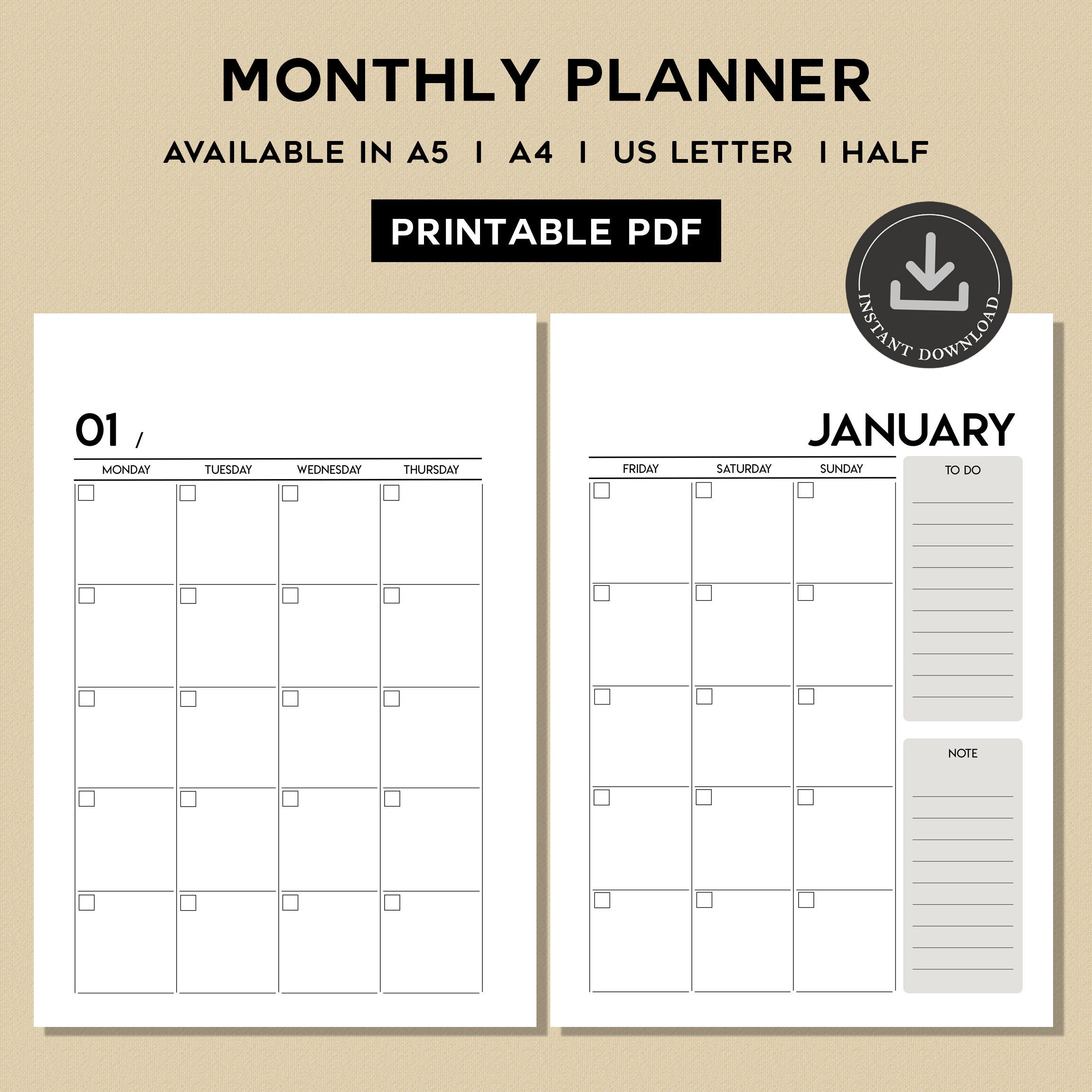 Printable 12-month planner/ 2-page monthly planner/ month at a | Etsy