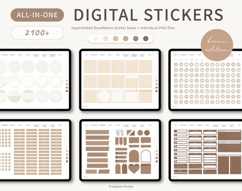 Digital Stickers Set Brown Edition Digital Planner Stickerbook For Goodnotes Stickers Bundle For