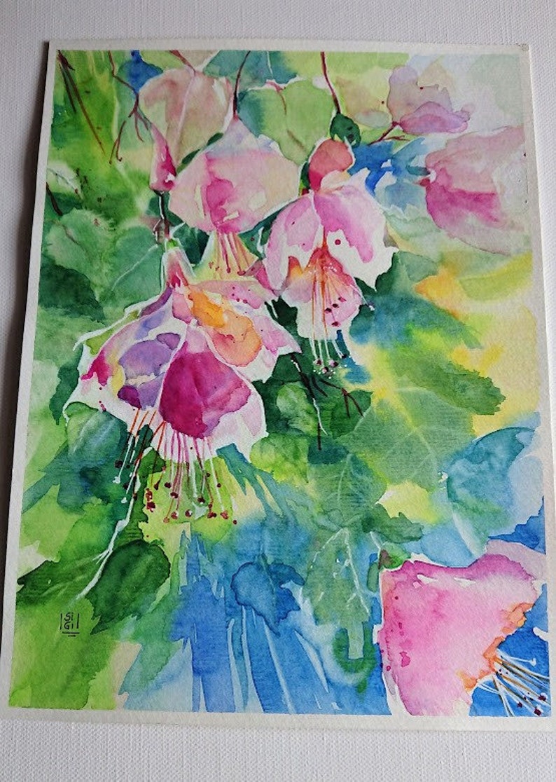 Original Aquarell Blumen, Geranien, Frühling, Sommer, Hochformat 21x28 cm auf 300g , Canson ...