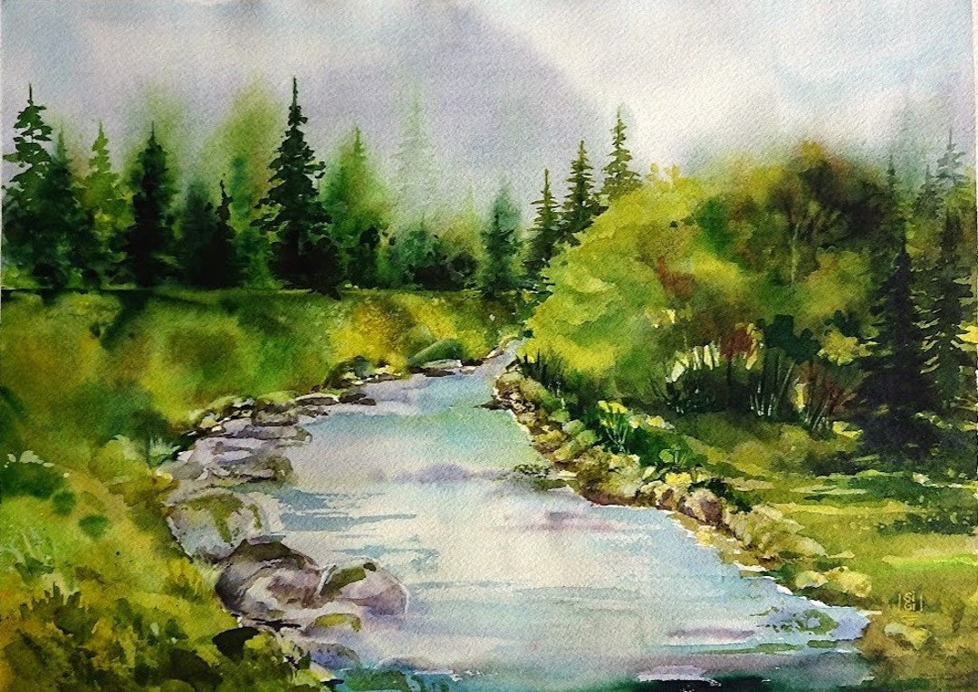 Foresta ruscello fiume ruscello pietre alberi, natura, paesaggio ...