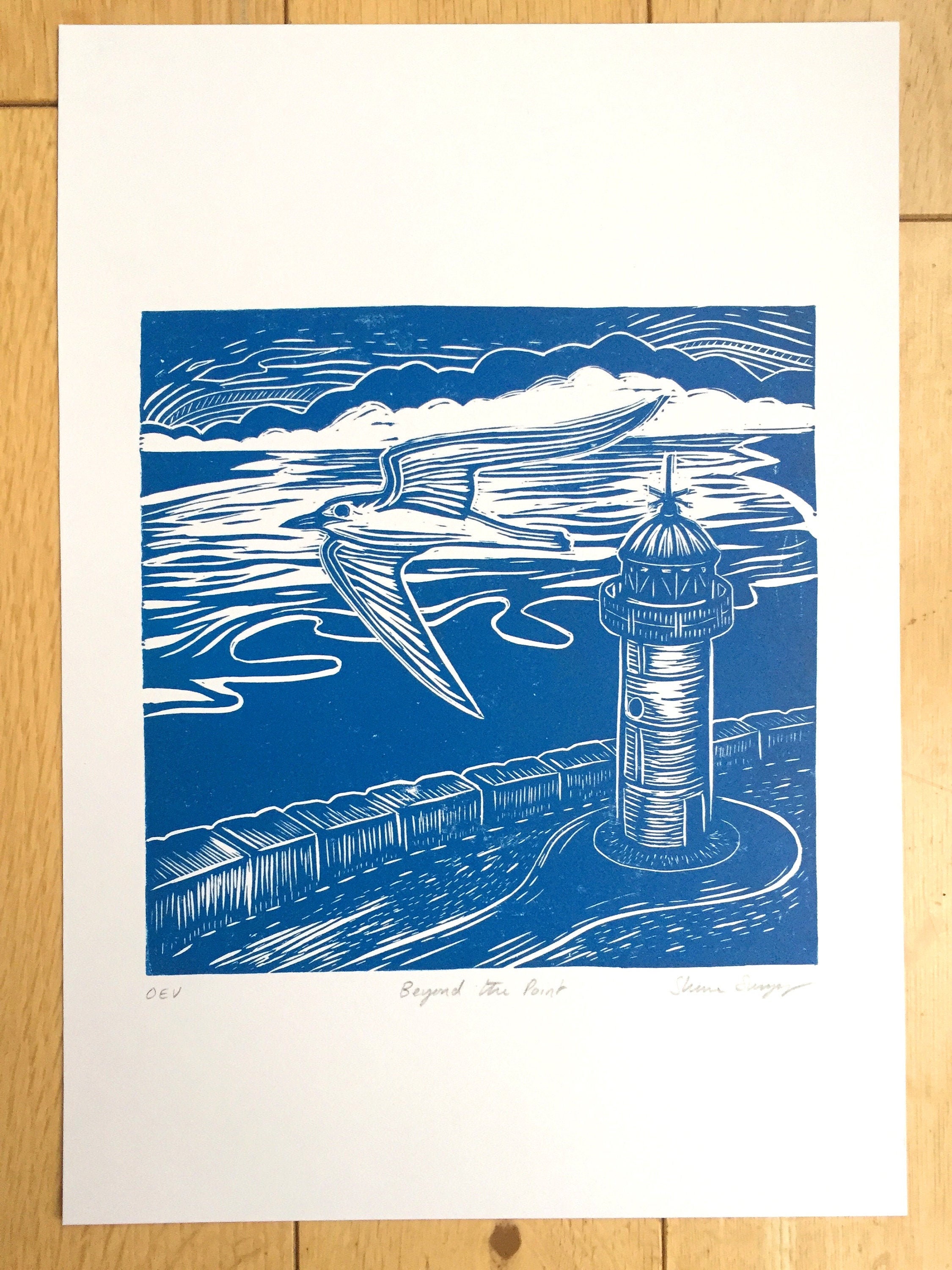 Original Linocut Print of Seagull and Lighthouse. Bird Art - Etsy UK