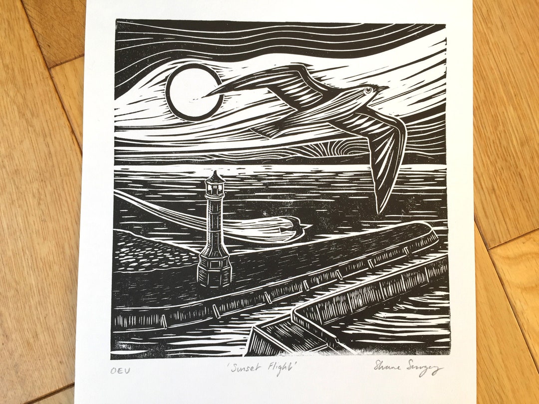 Original Linocut Print, Seagull and Lighthouse on the Cumbrian Coast ...