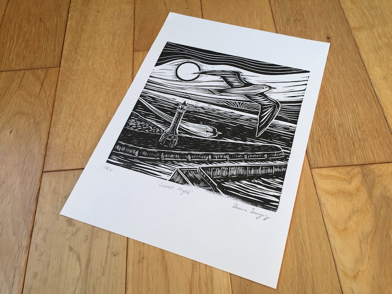 Original Linocut Print, Seagull and Lighthouse on the Cumbrian Coast ...