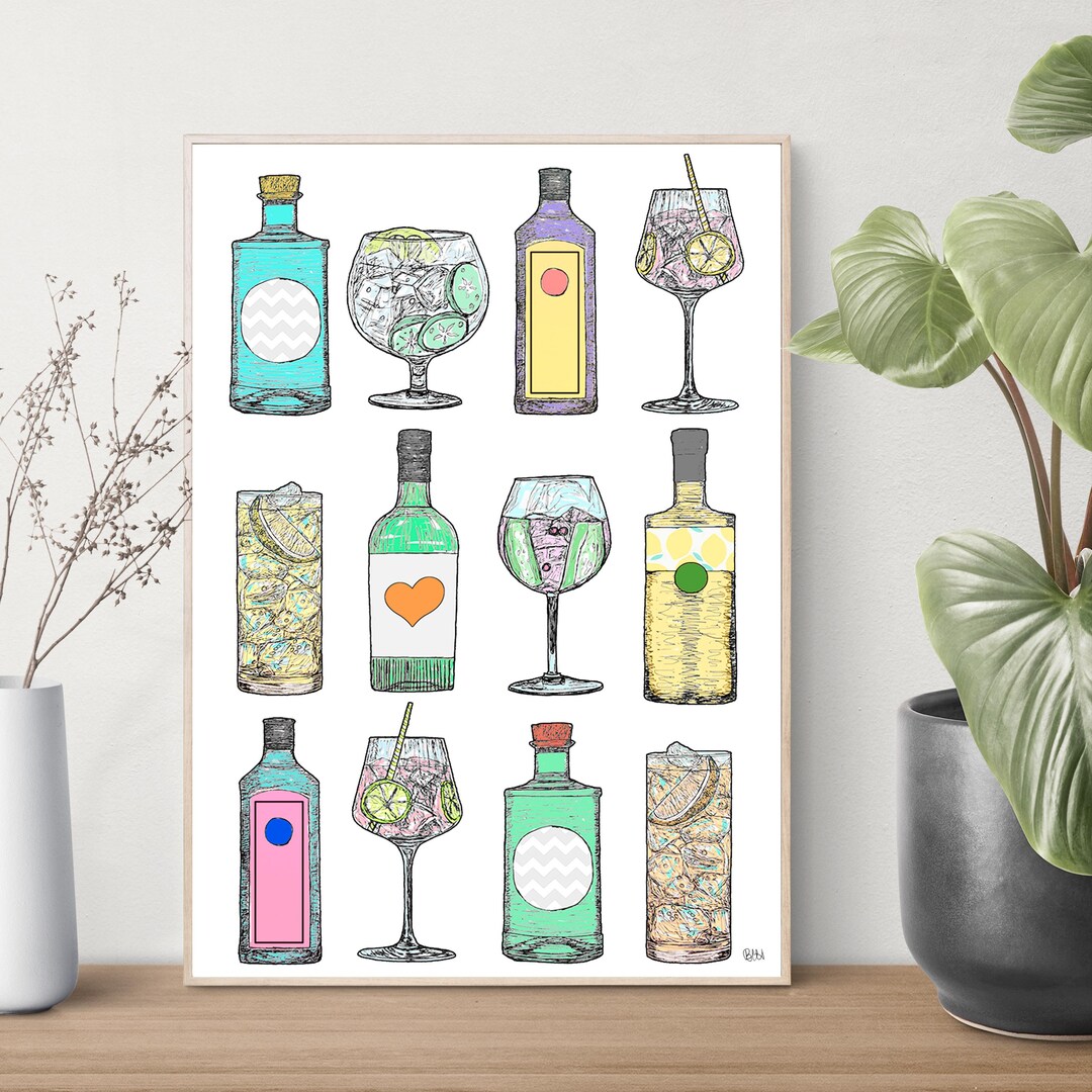 Gin Bottles Art Print - Etsy