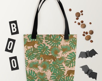Urban Jungle Tote Bag With Coconut Tree and Monkeys, Handmade, Hand ...