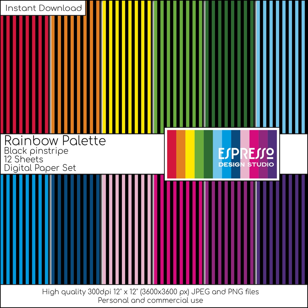 Digital Paper Black and Color Pinstripe Rainbow Palette Instant ...