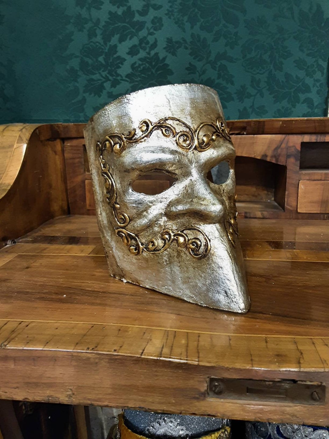 Casanova Bauta Papier-mâché Mask Handmade in Silver Leaf With Baroque ...