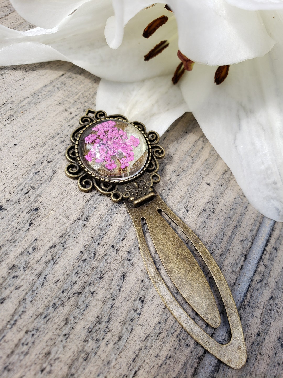 Pink Flower Antique Bronze Bookmark - Etsy