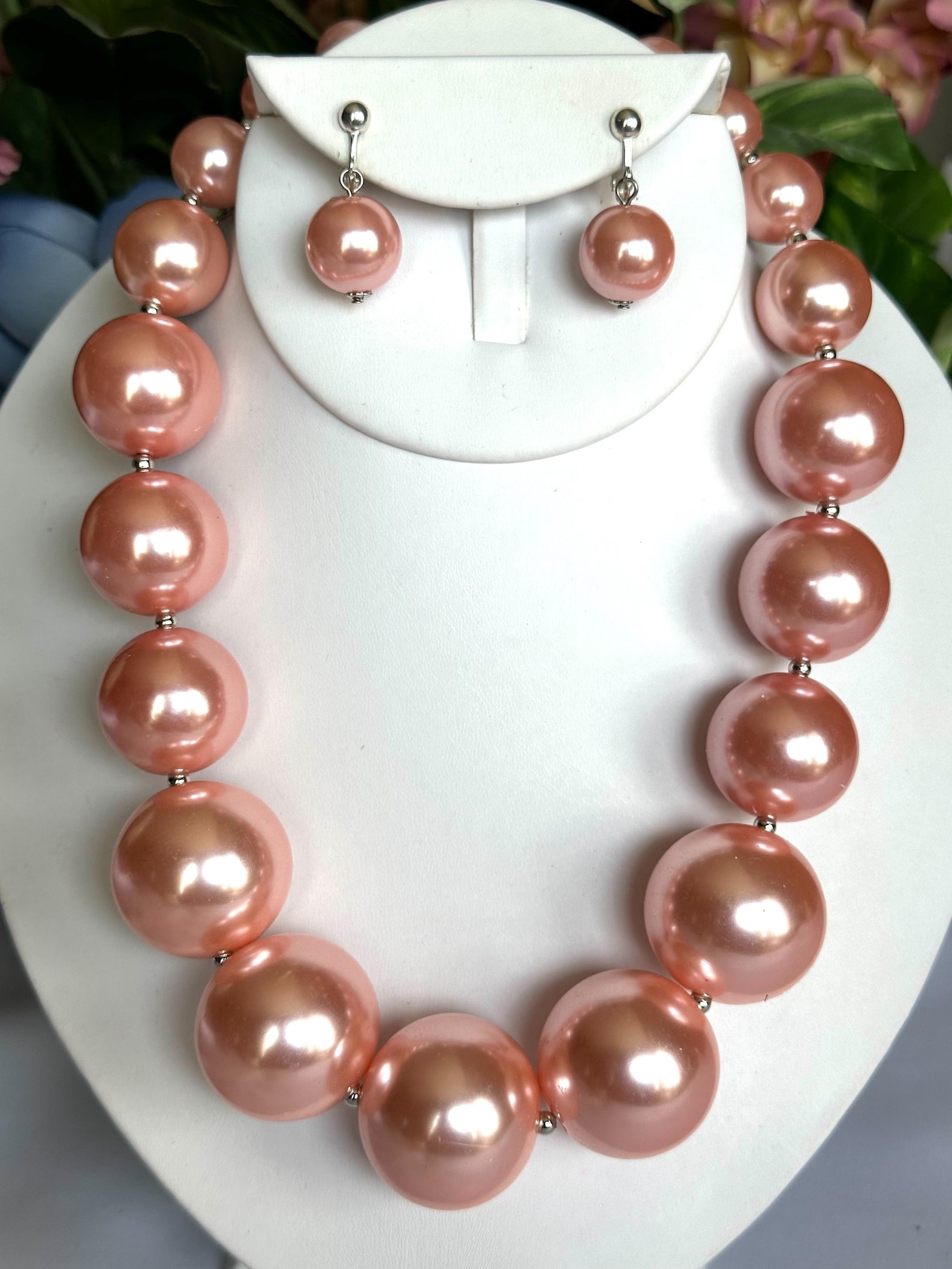 Clip on Silver Large Pink Pearl Graduated Necklace and Earring Set - Etsy