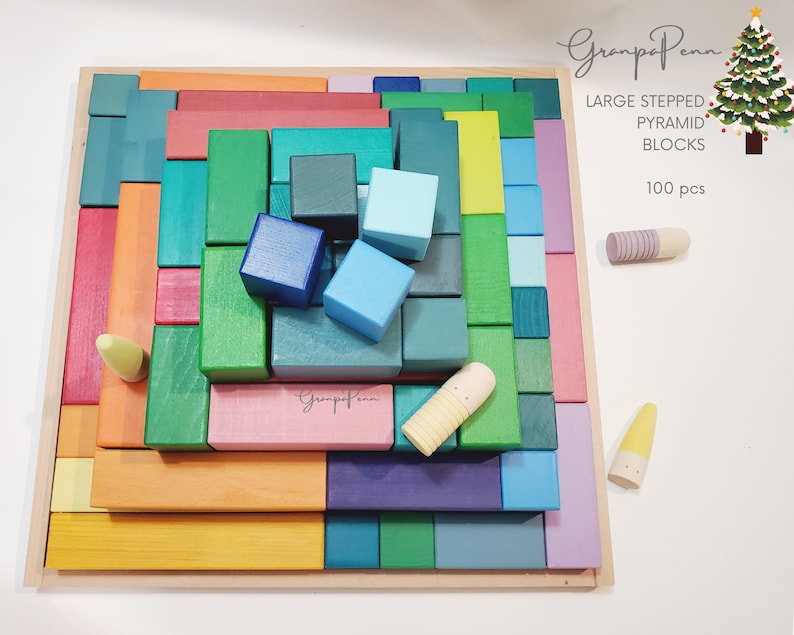 Stepped Pyramid Wooden Blocks: Rainbow Stacking Toy, Montessori Math ...