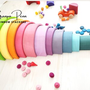 Large Wooden Pastel Grimm's Style Rainbow Stacker Toy, Waldorf Rainbow ...