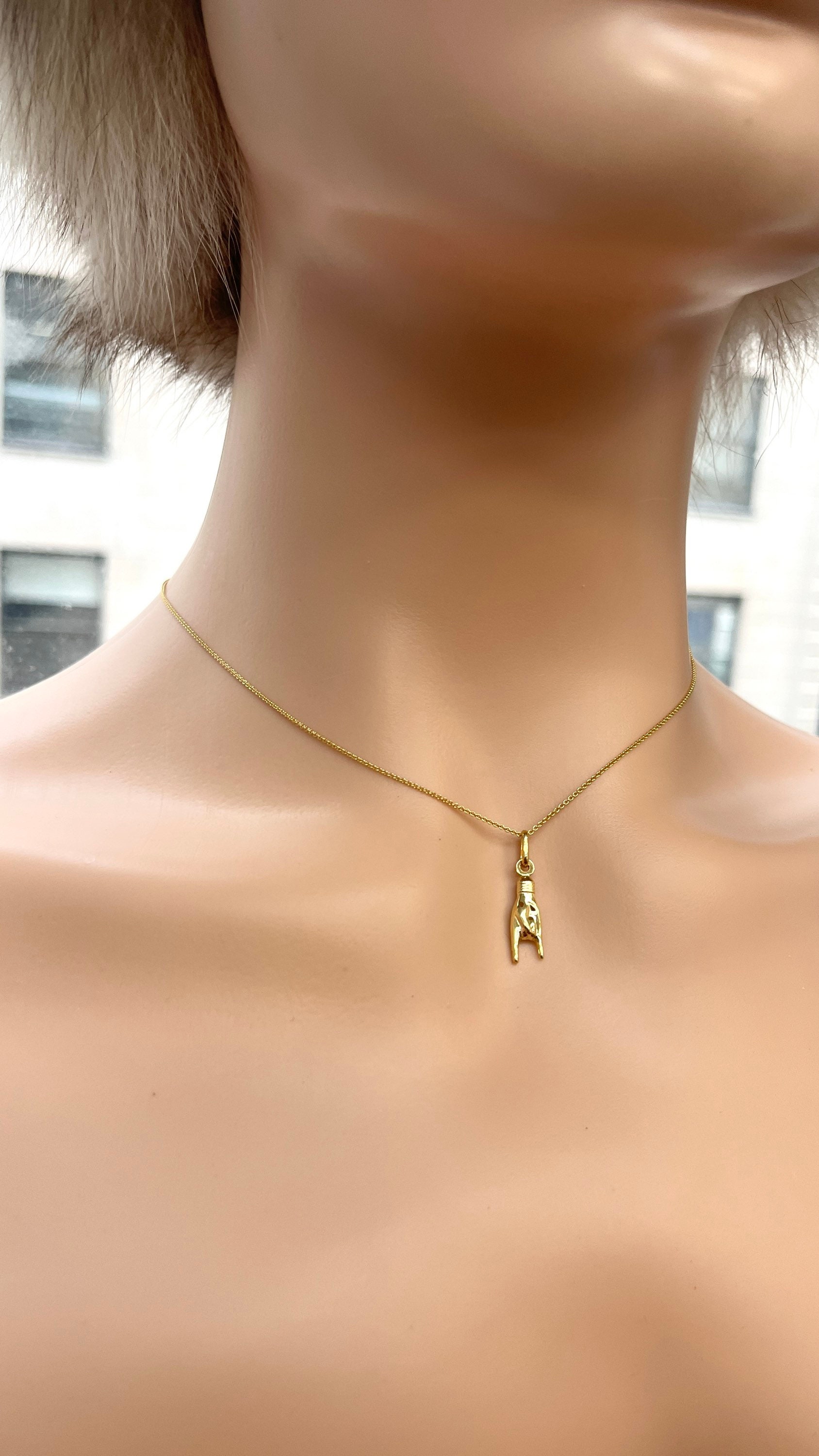 Gold Hand Charm , 14K Solid Gold Mano Cornuto Pendant, Good Luck Charm ...