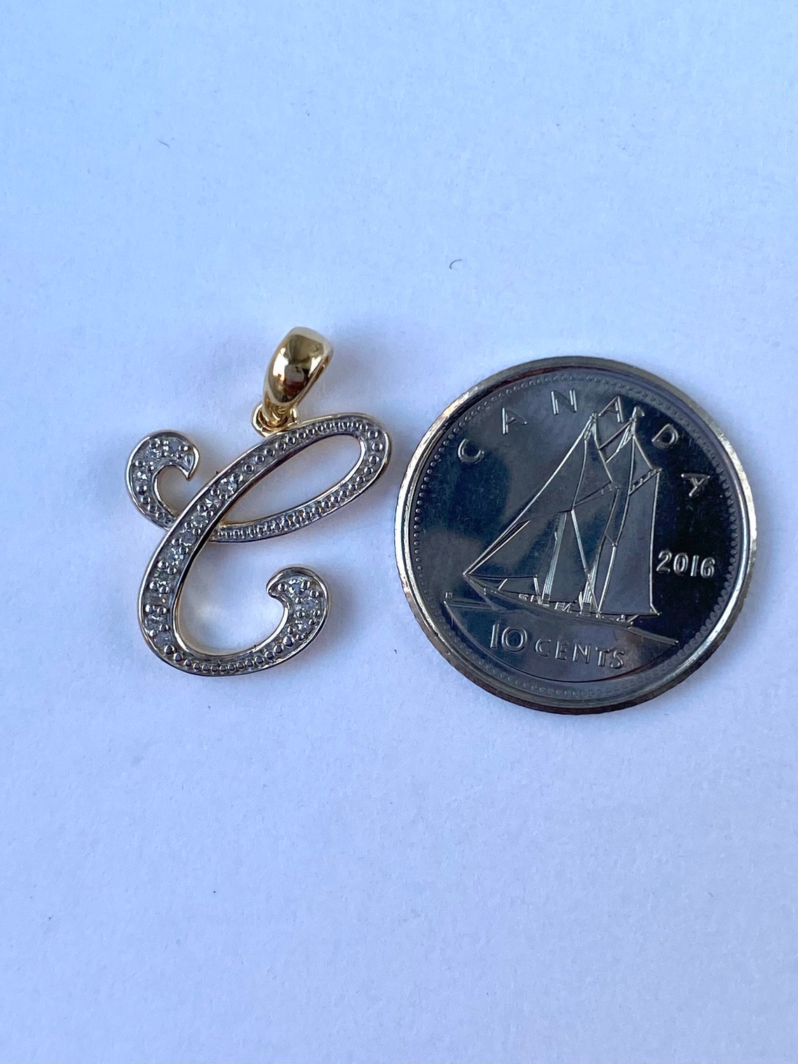 C Initial Pendant 10K Gold Diamond Script Initial Necklace - Etsy