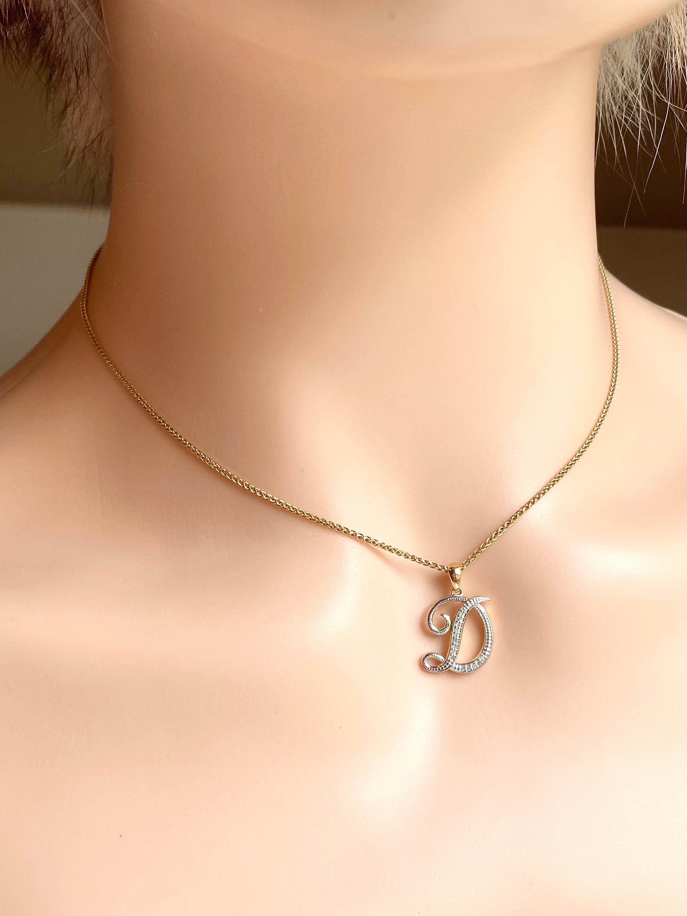 D Initial Pendant, 10K Gold Diamond Script Initial Necklace ...