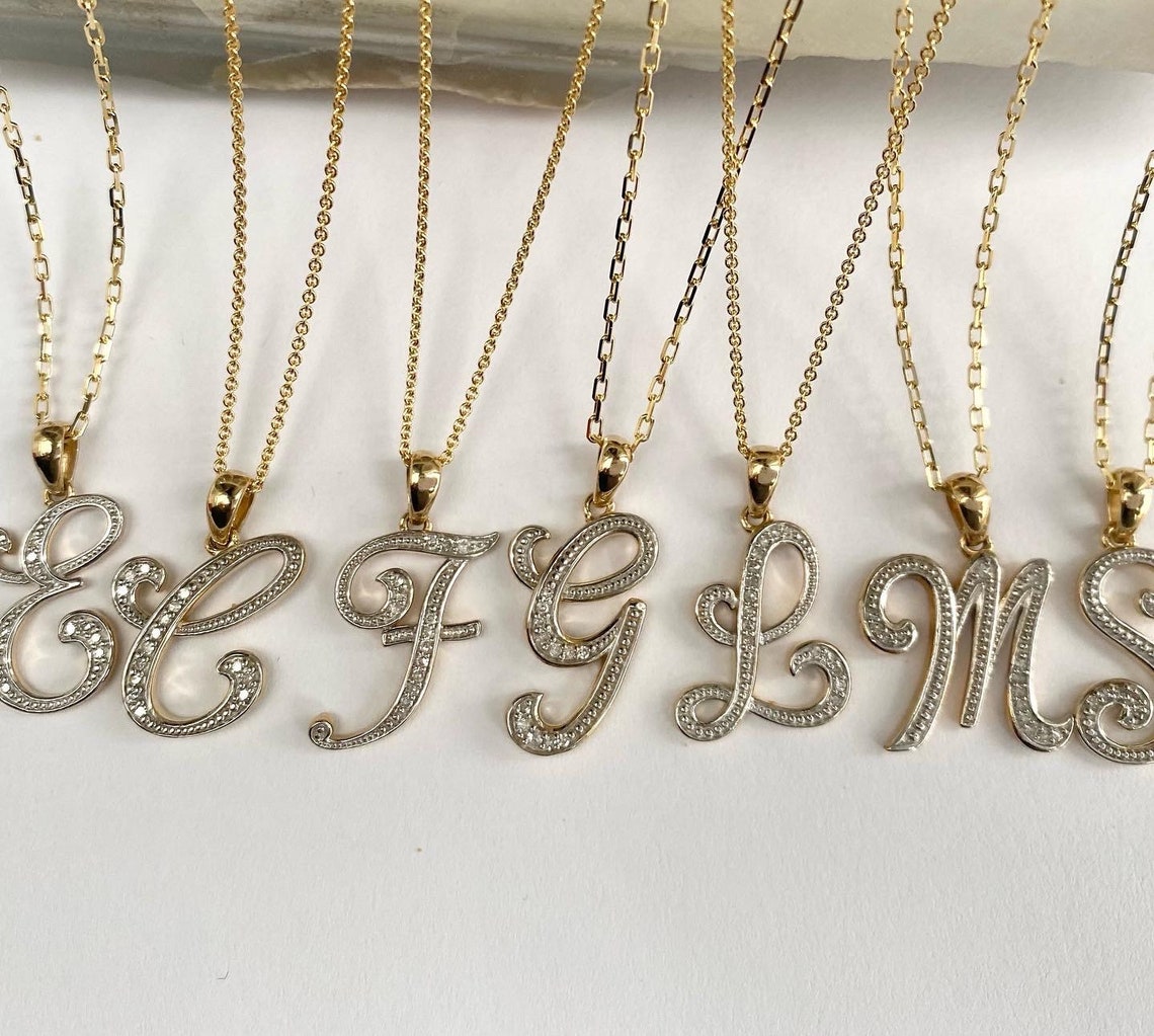 S Initial Pendant, 10K Gold Diamond, Script Initial Necklace ...