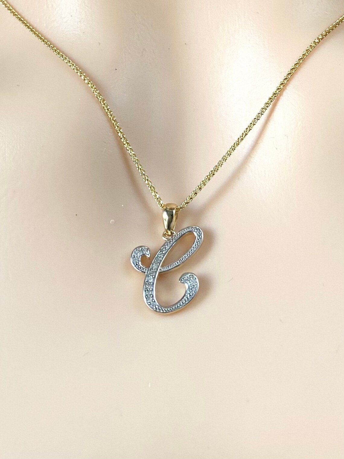 C Initial Pendant 10K Gold Diamond Script Initial Necklace | Etsy