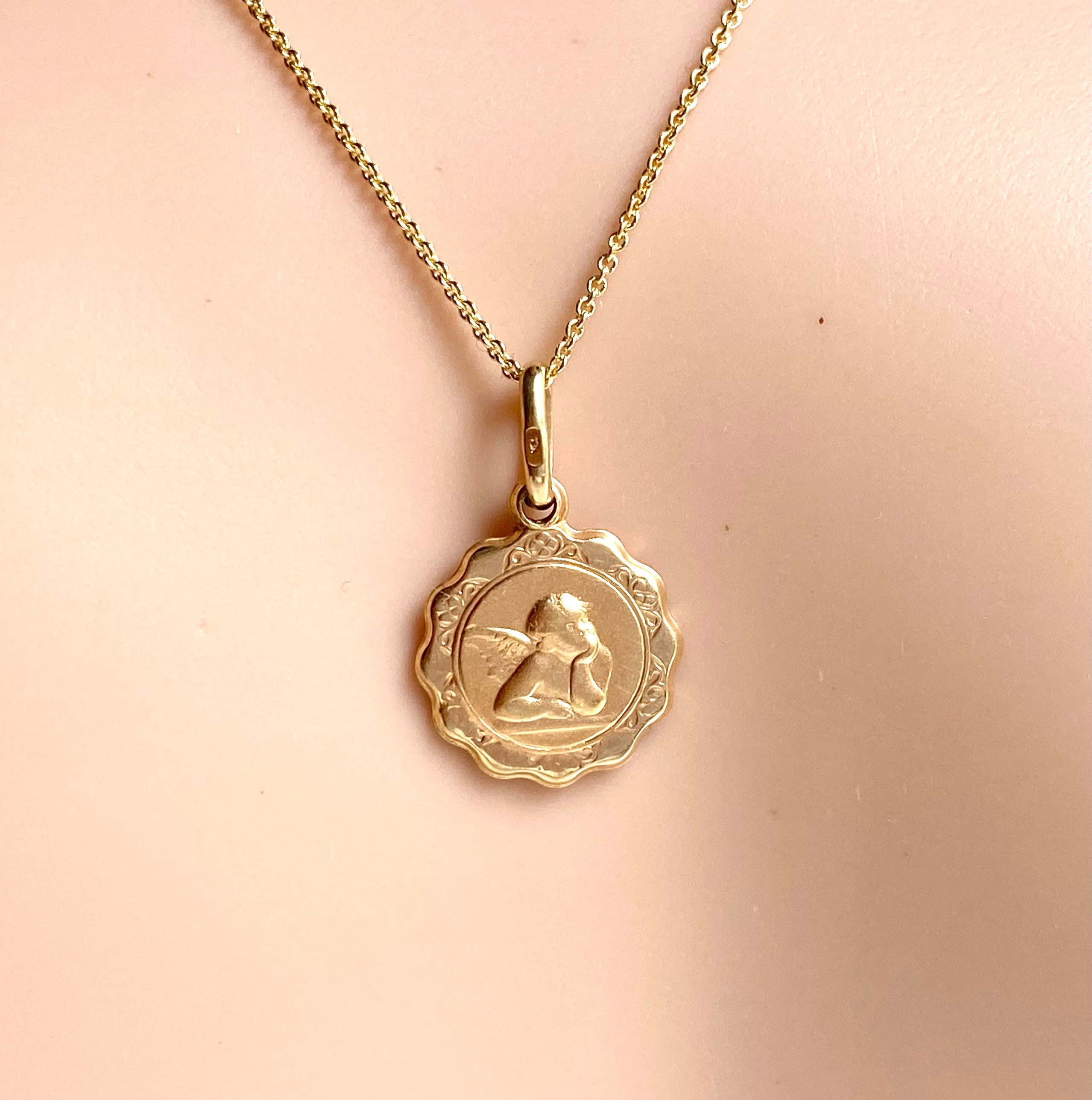 18K Solid Gold Angel Pendant 12MM Angel Necklace Guardian | Etsy