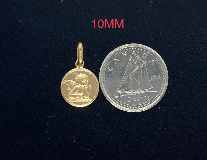 Gold Angel Pendant, 18K Solid Gold Angel Necklace, 3D Design 10mm Round ...
