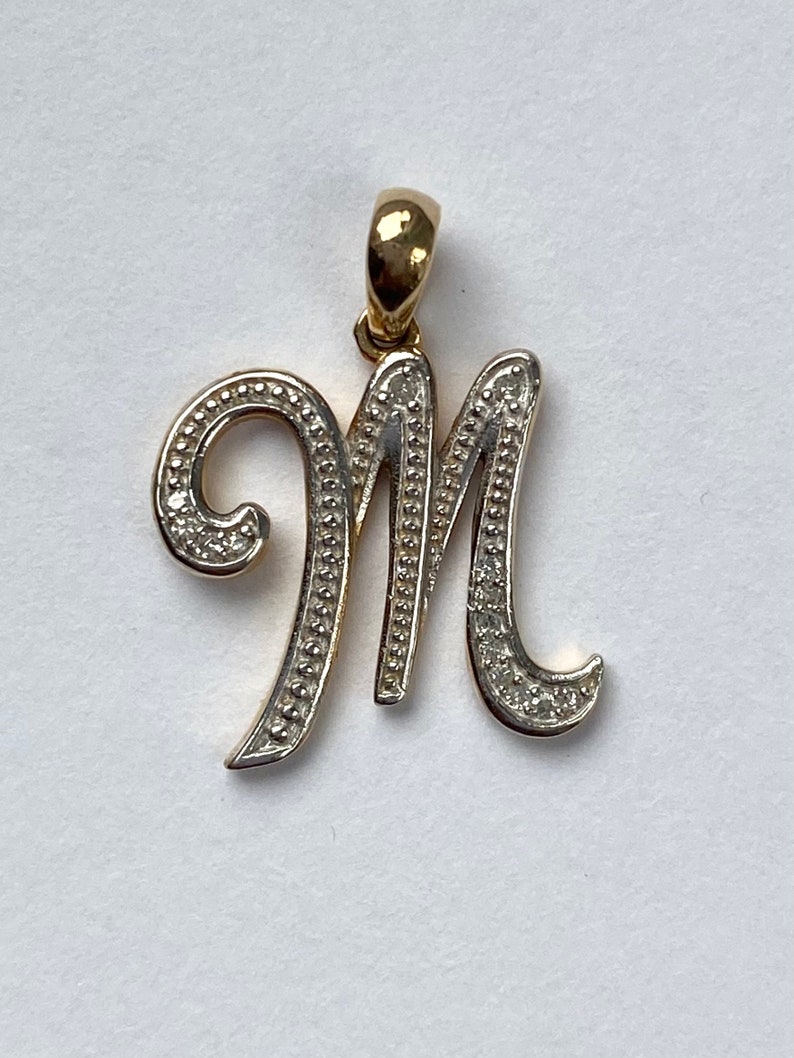 M Initial Pendant, 10K Solid Gold Diamond Initial Necklace, Gold Letter ...