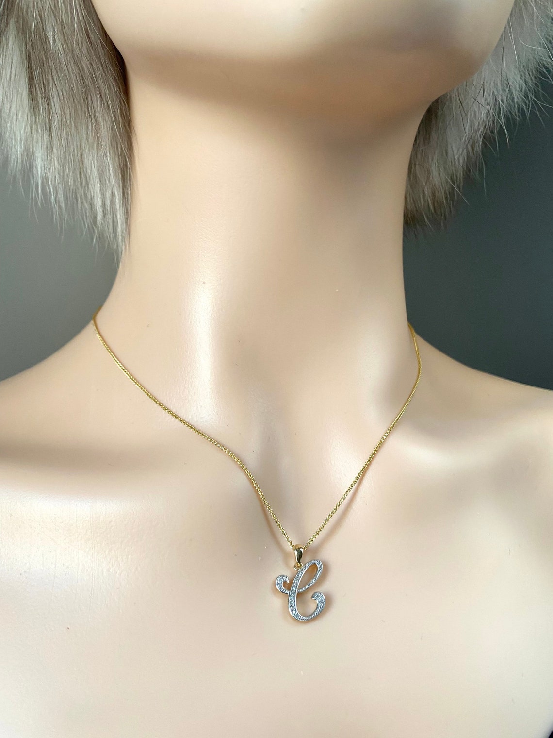 C Initial Pendant 10K Gold Diamond Script Initial Necklace | Etsy