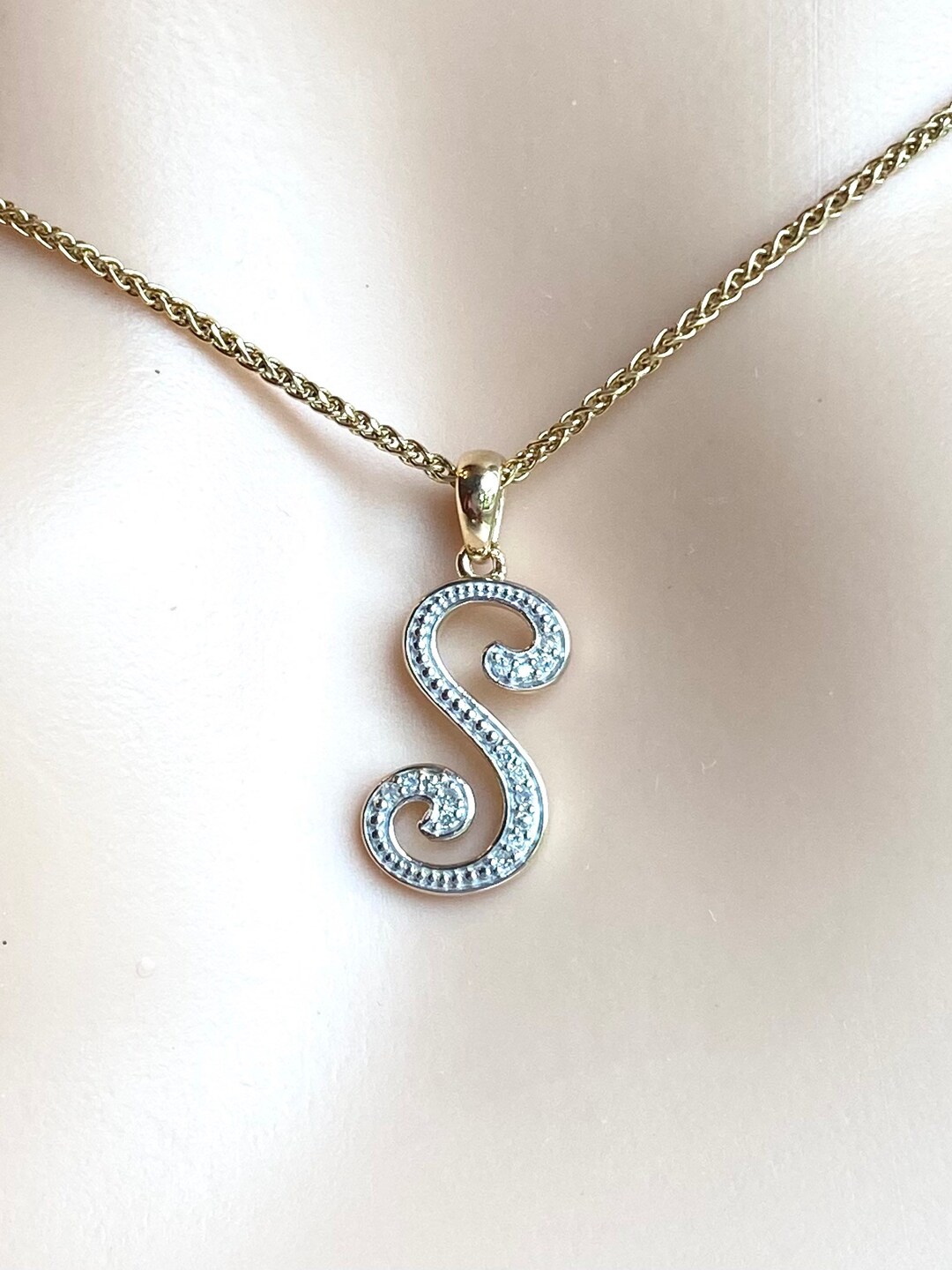 S Initial Pendant, 10K Gold Diamond, Script Initial Necklace ...
