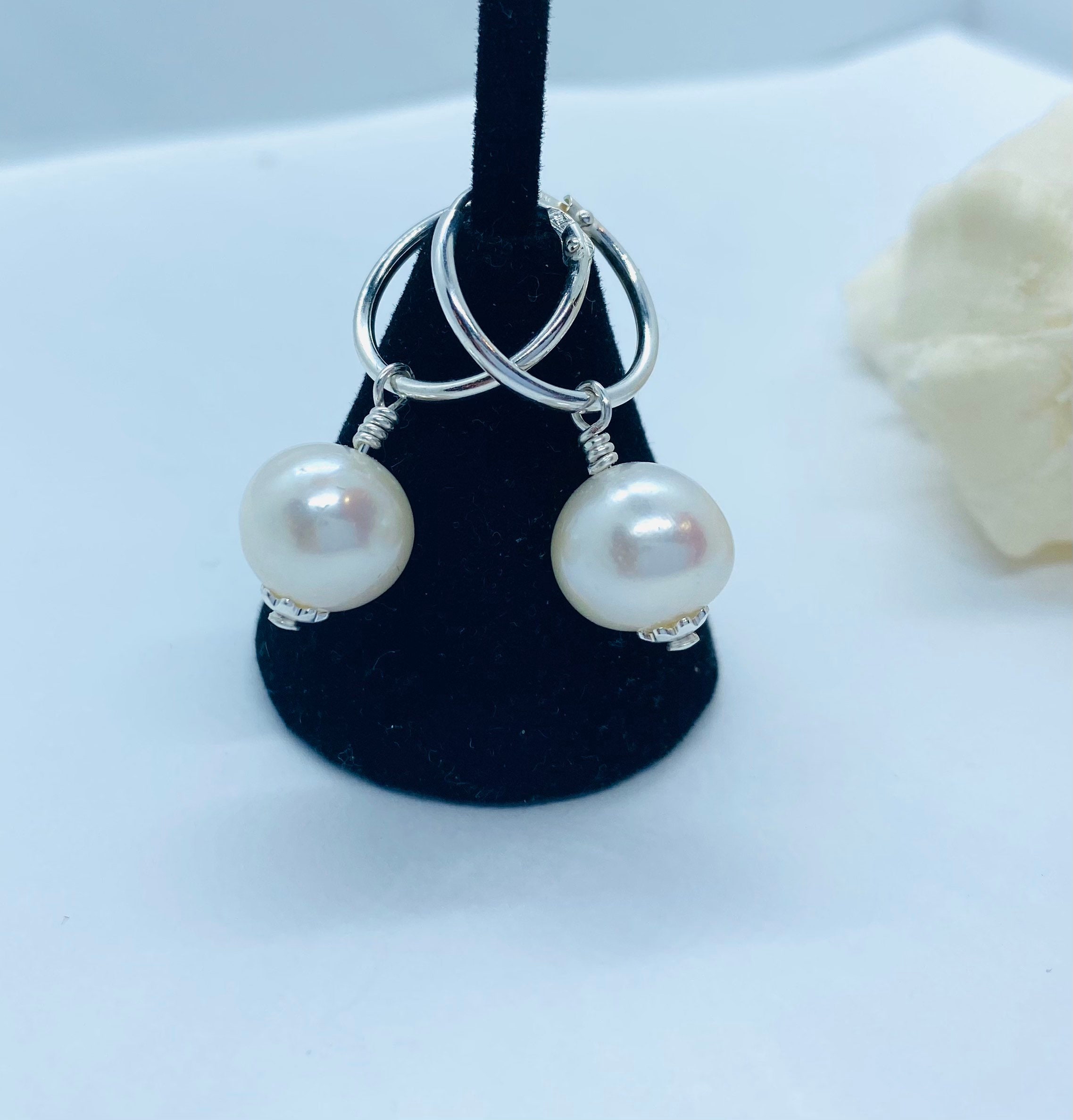 Natural Pearl Hoop Earrings, 10MM Freshwater Pearl Earrings, Pearl ...