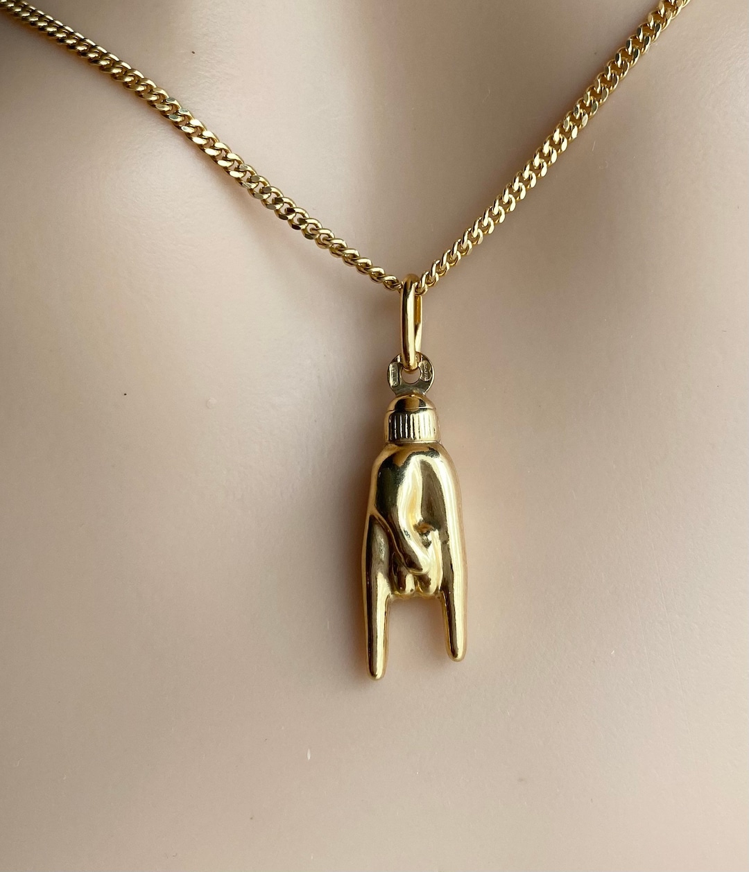 Hand Gold Necklace , 25MM, 10K Solid Gold Mano Cornuto Pendant, Gold ...