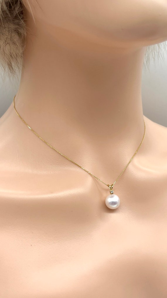 14K Gold Pearl Necklace Single Pearl Necklace with Small Diamond Sapphire Birthday Gift for Women Bridesmaid Gift Valentines Gift