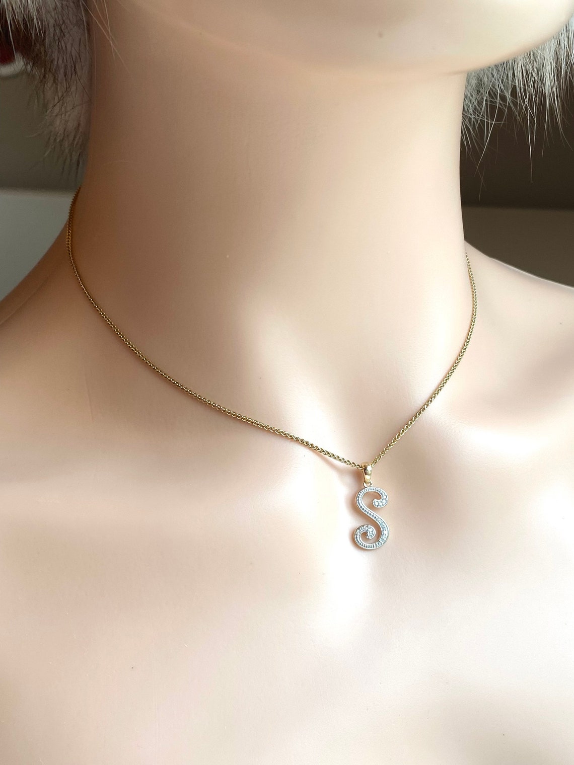 S Initial Pendant, 10K Gold Diamond, Script Initial Necklace ...