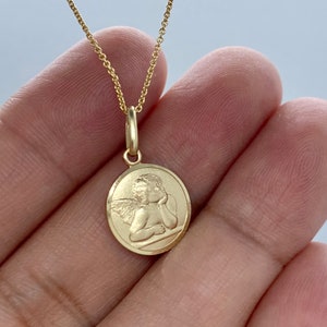 Gold Angel Pendant, 18K Solid Gold Angel Necklace, 3D Design 10mm Round ...