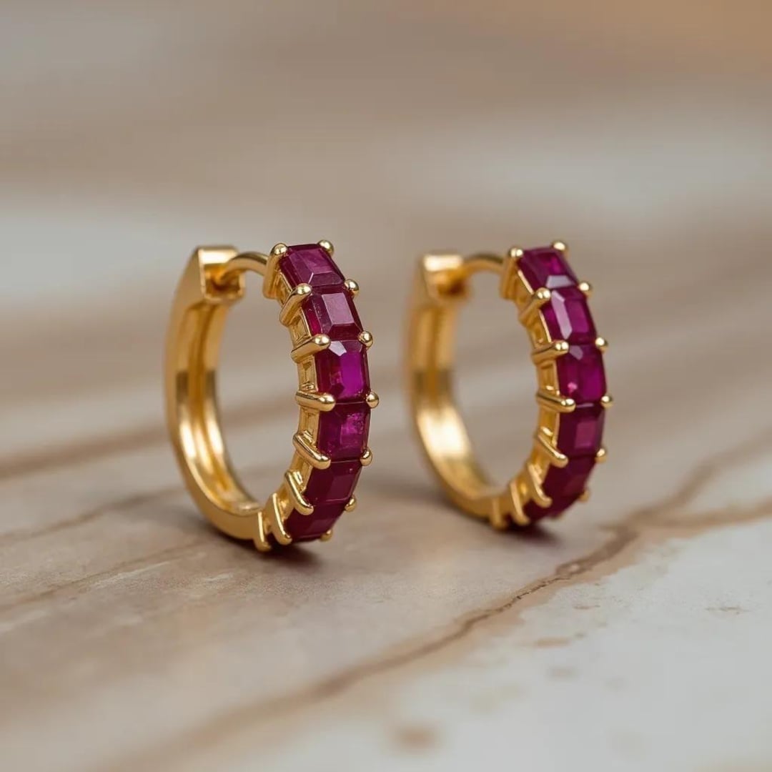 Ruby Huggie Hoop Earrings, 10K 14K 18K Solid Gold Hoop Huggie, Natural ...